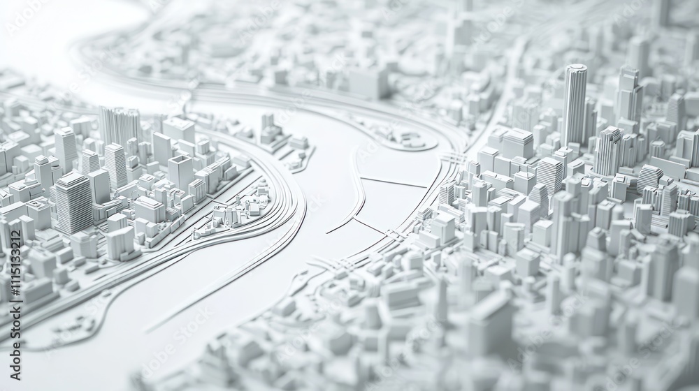 White paper 3D city model with streets, buildings, and rivers in high ...