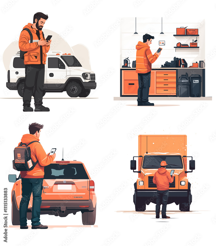 a minimalist cartoon of a fleet driver looking at their phone to check ...