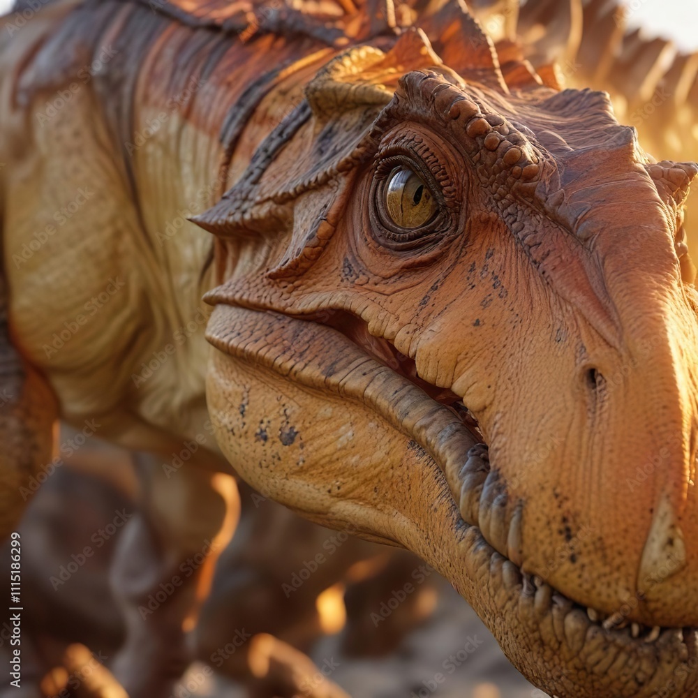 Detailed view of Allosaurus scales and muscles under the golden light ...