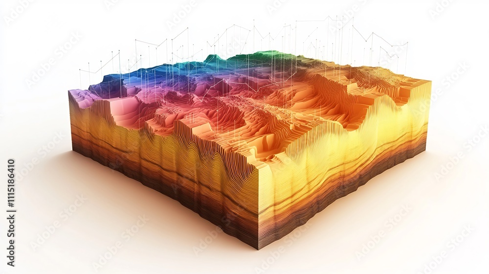 3D topographic map showing layered terrain and data points. Stock ...