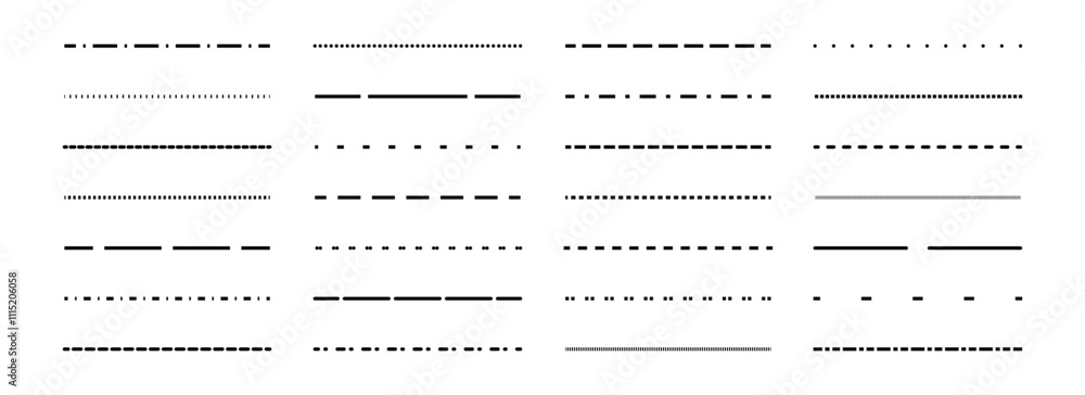 Dashed thin lines set. Black straight dotted stripe collection ...