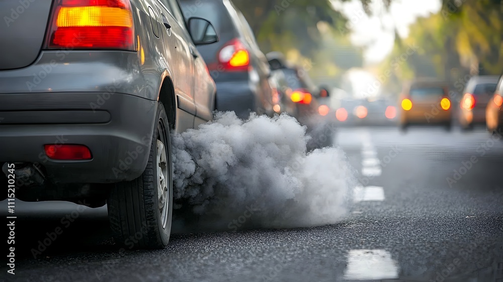 Thick billowing exhaust smoke pouring out of a car tailpipe in the ...