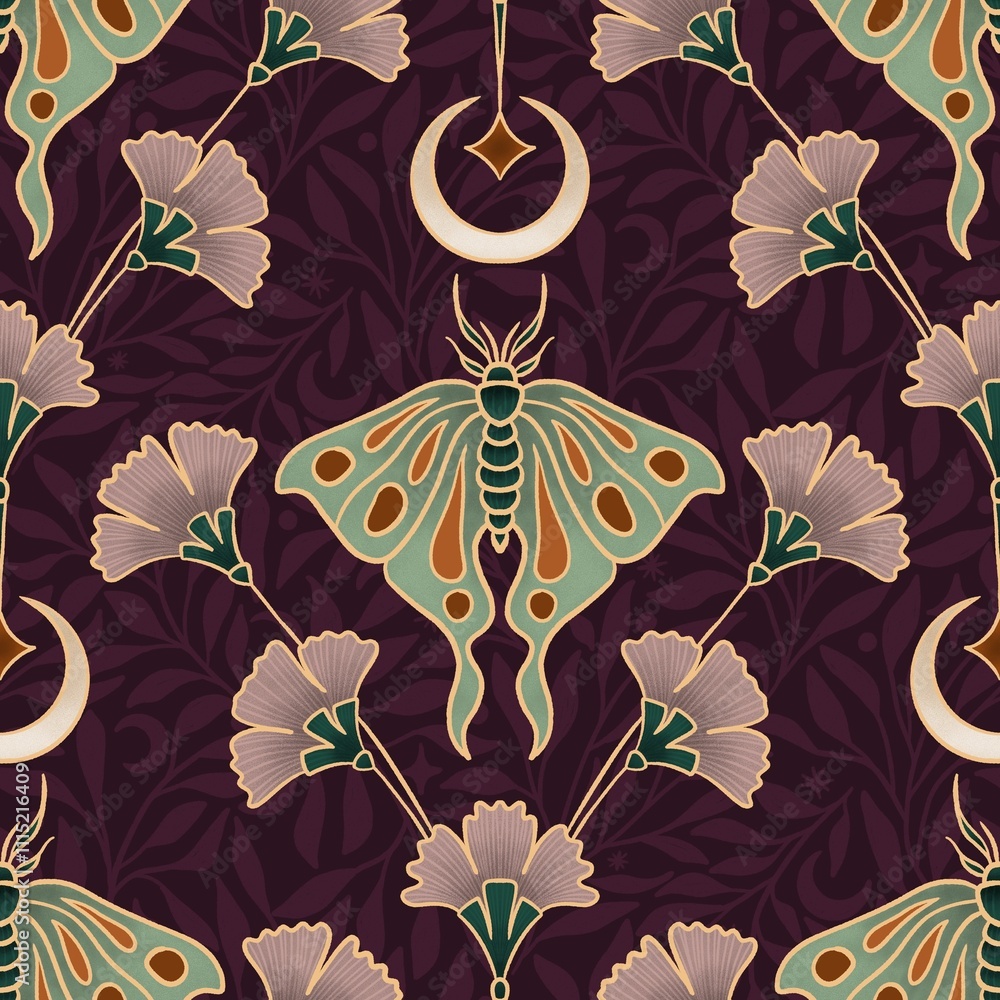 Seamless moonlit botanical pattern that can be used for printing on ...