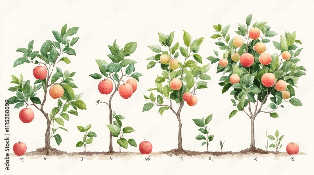 Ilustración de Stock Watercolor illustration of an apple tree's growth ...