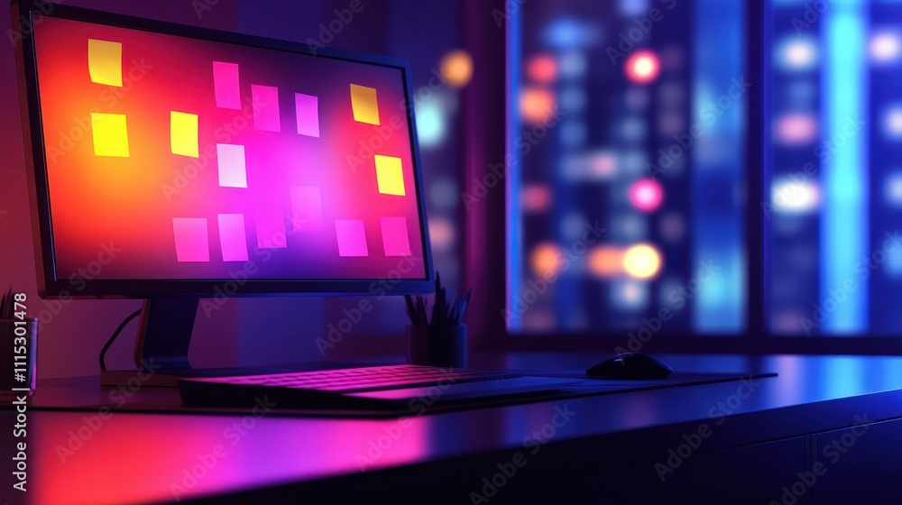 A computer displaying a shutdown screen, with sticky notes peeled off ...