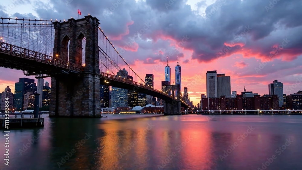 Dumbo Sunset Panorama East River Long Exposure AI Art, NYC Skyline ...