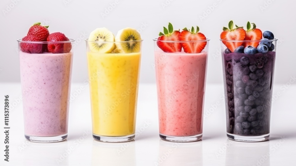 Studio shot of 3 smoothie glasses with different fruits in each glass ...
