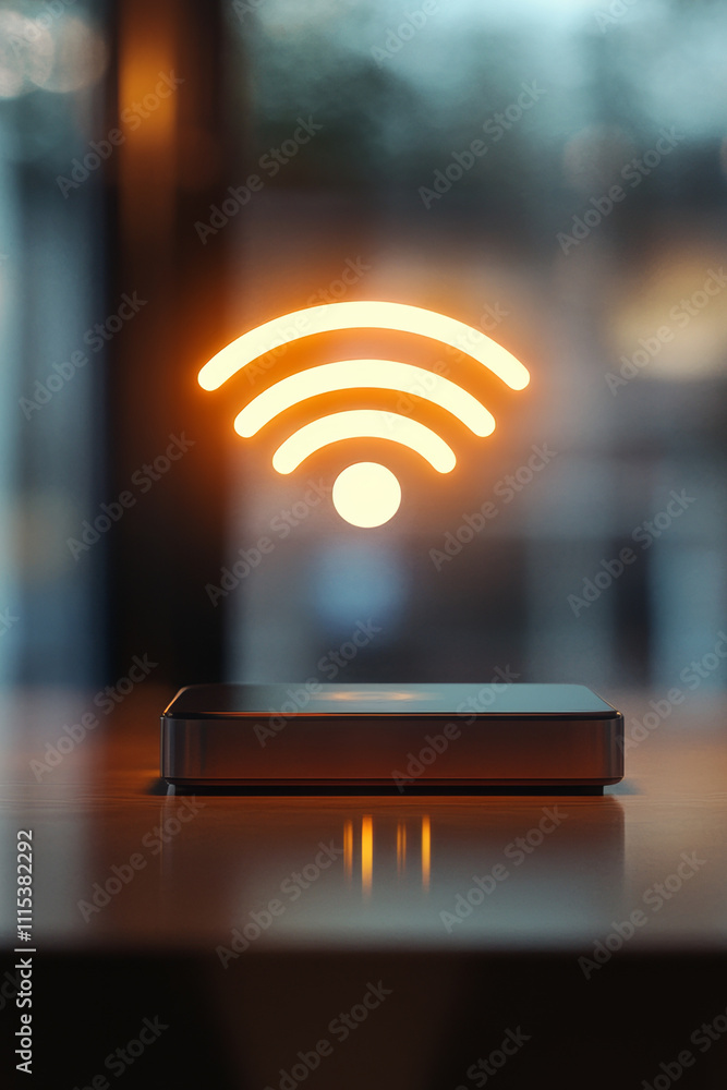Wifi router with wireless signal icon floating above it showing the ...