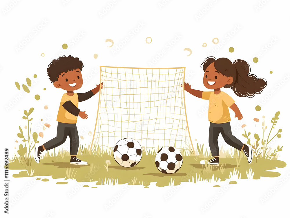 Flat Vector Illustration of Kids Playing Soccer Together in Backyard ...
