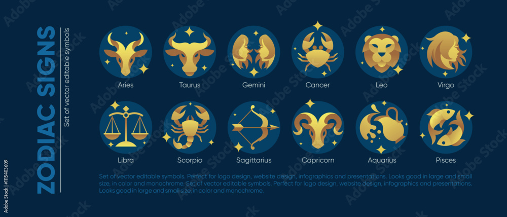 Zodiac signs astrology, horoscope. Set of vector editable symbols icons ...
