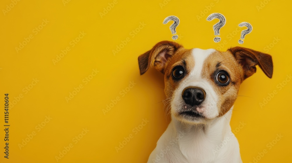 Curious Dog Posing Against Yellow Background With Question Marks Stock ...