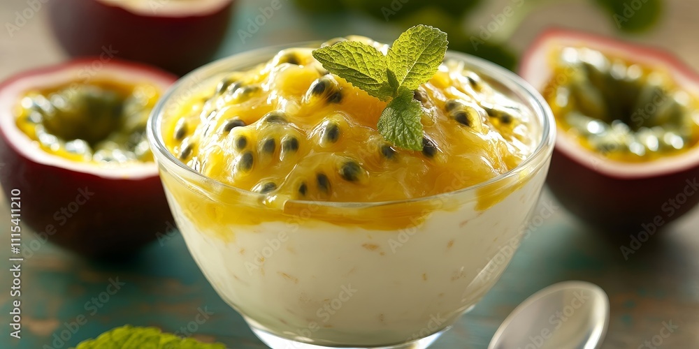 Fresh passion fruit puree elegantly draped over yogurt creates a ...
