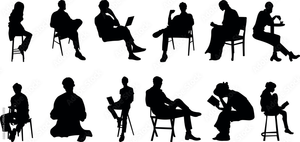Set of black silhouette illustrations of people seated in various poses ...