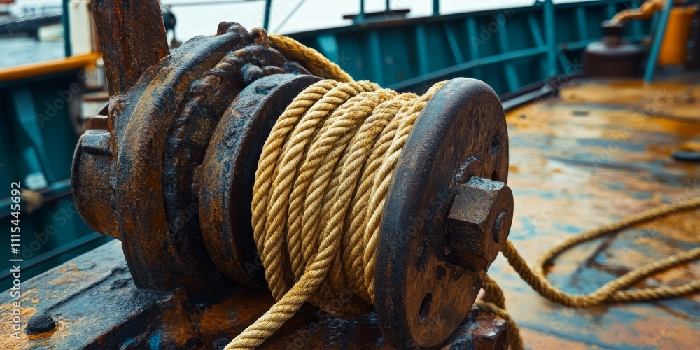 Mooring winch with mooring windlass, featuring rope and anchor engaged ...