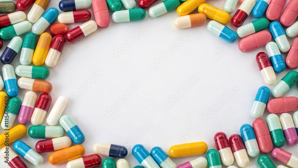 Colorful antimicrobial capsule pills arranged in a circular pattern on ...