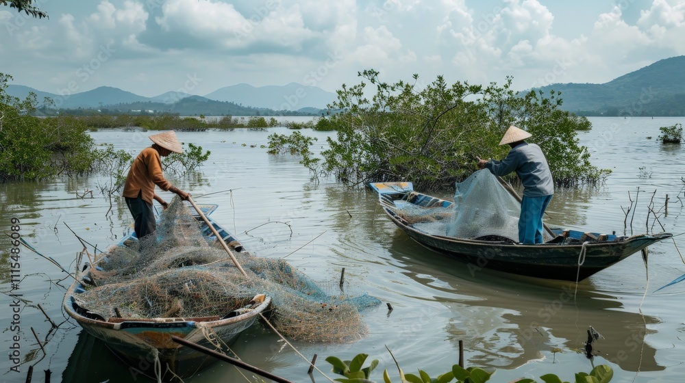 Thai fishermen using traditional methods to catch fish in shallow ...