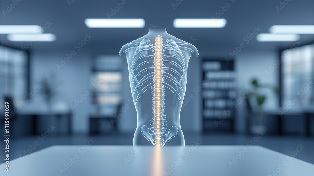 A digital representation of a human spine in a modern office setting ...