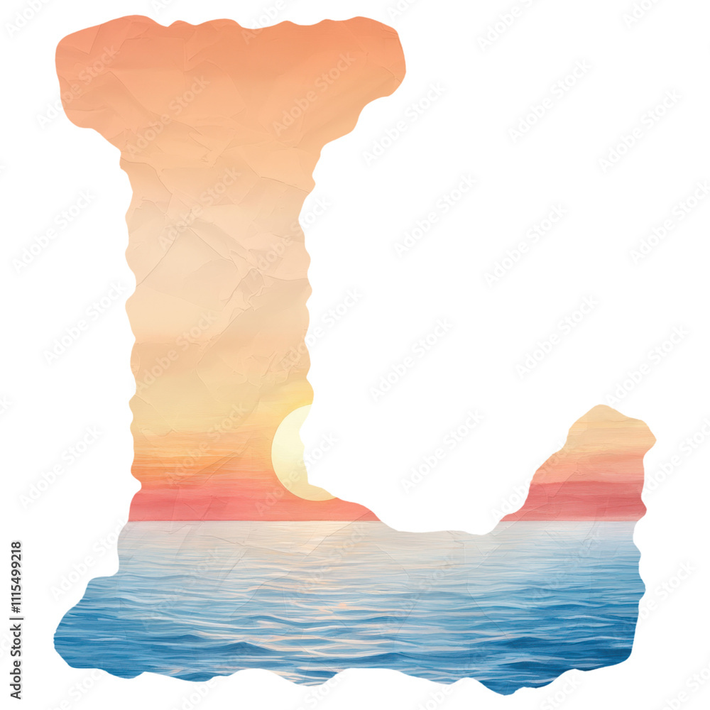 Watercolor alphabet letter "L" with sunset ocean view and crumpled ...