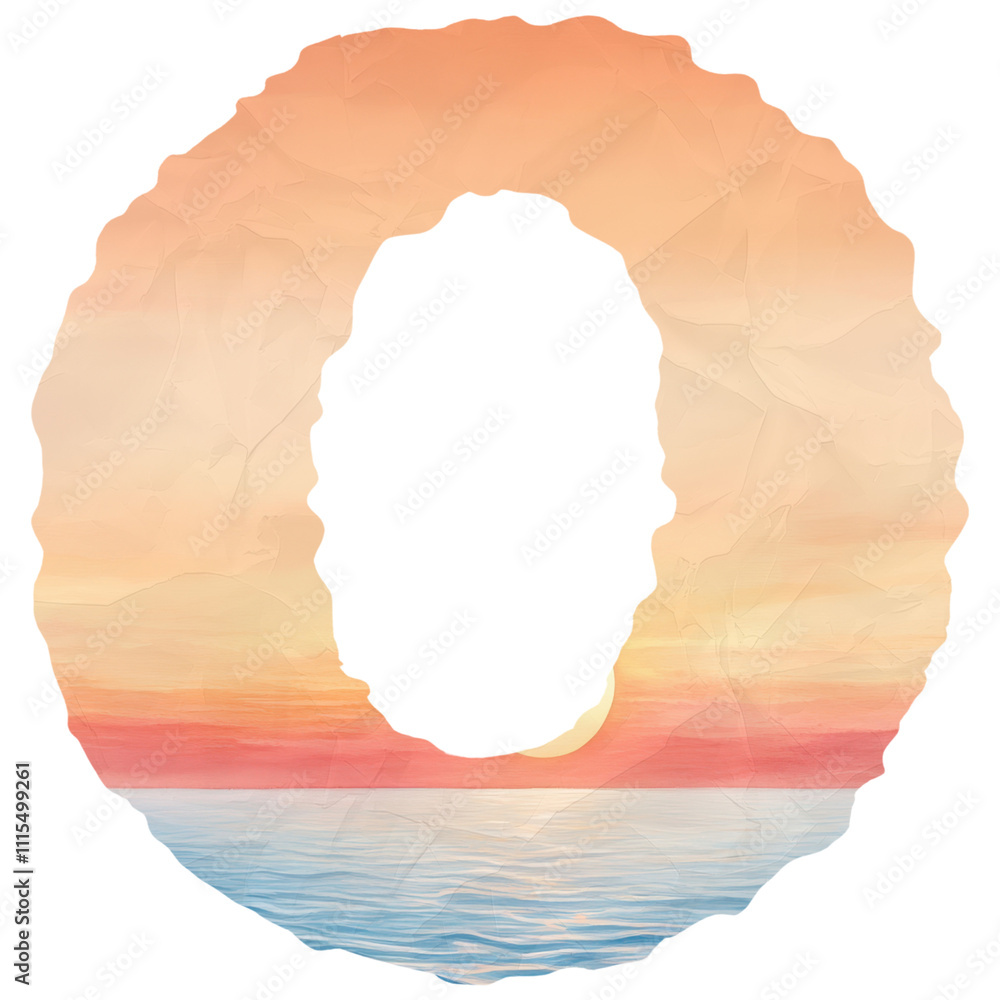 Watercolor alphabet letter "O" with sunset ocean view and crumpled ...