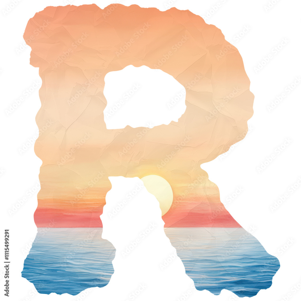 Watercolor alphabet letter "R" with sunset ocean view and crumpled ...