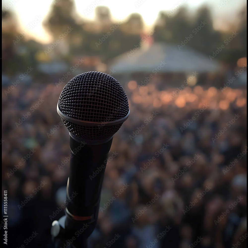 Focused Microphone at a Large Outdoor Concert. A microphone stands out ...