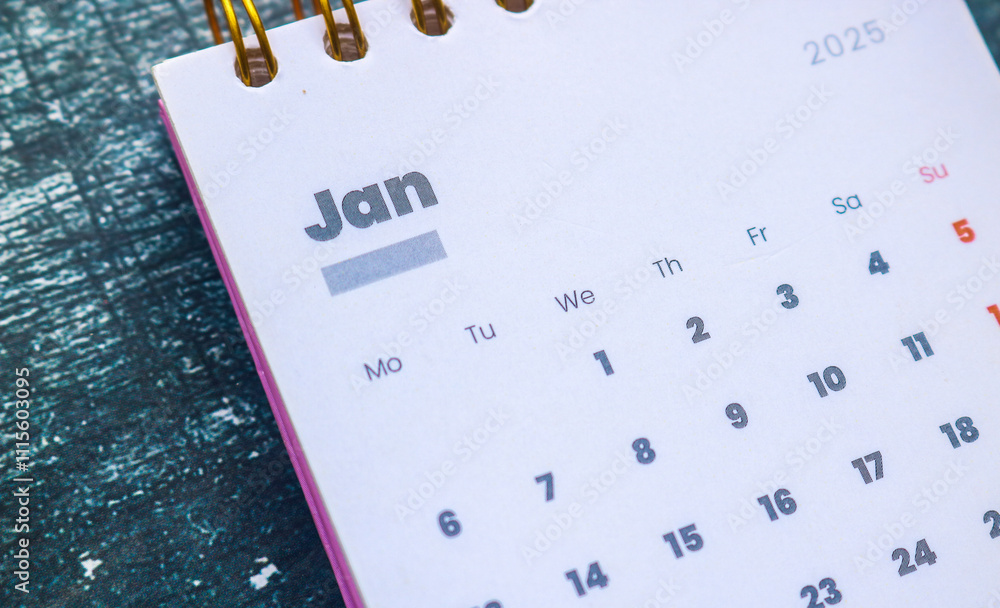 Close up of January 2025 in the pink 2025 calendar on the table ...