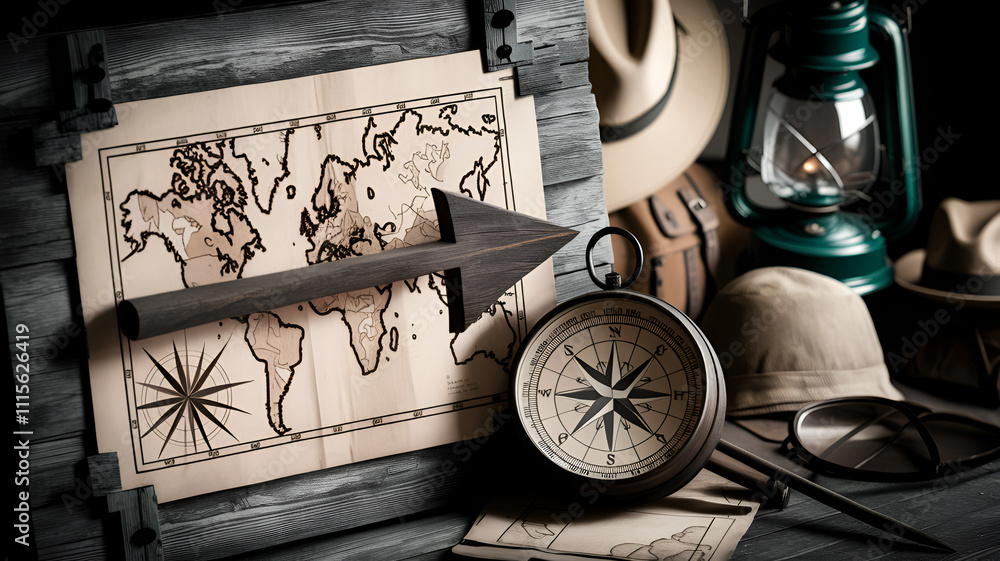 Antique treasure map with compass and lantern reveals exploration theme ...