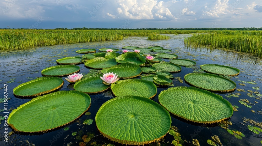 Giant Water Lilies Amazon River Basin Pink Flowers Lush Green Leaves ...