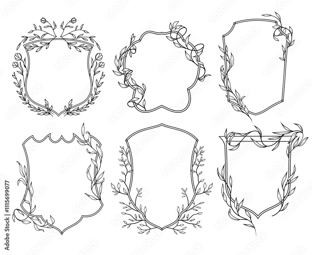 Line art vintage crest floral frames with greenery branches, line art ...