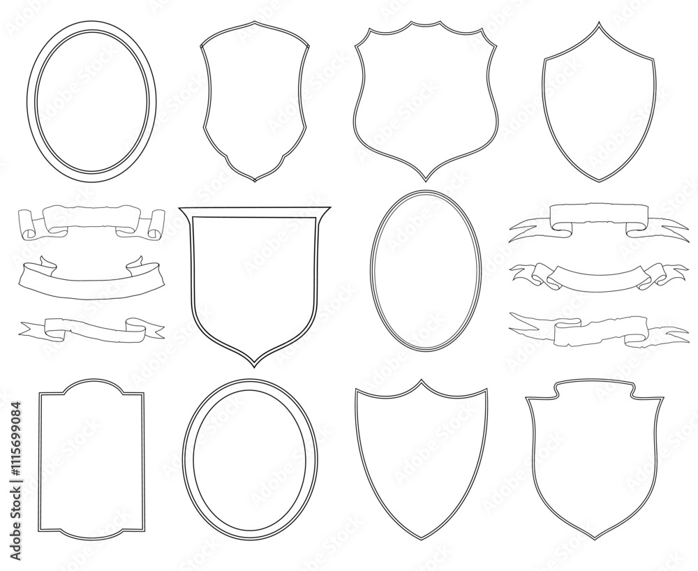 Line art vintage crest frames and ribbons, line drawing vector ...