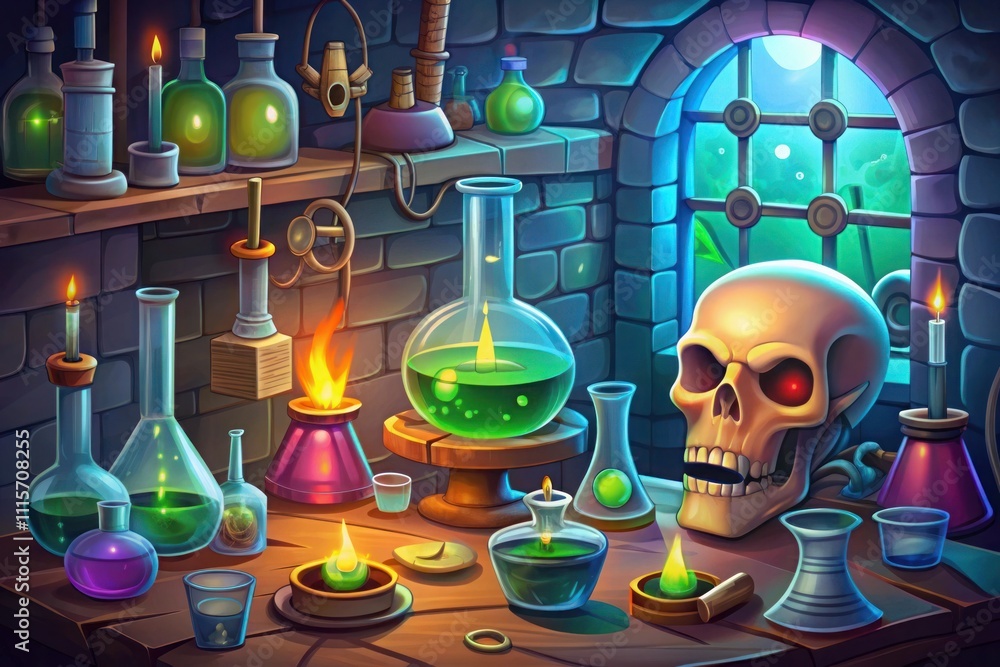 Alchemist table in witch house cartoon background. Old laboratory room ...
