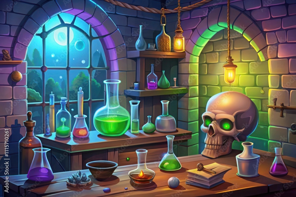 Alchemist table in witch house cartoon background. Old laboratory room ...
