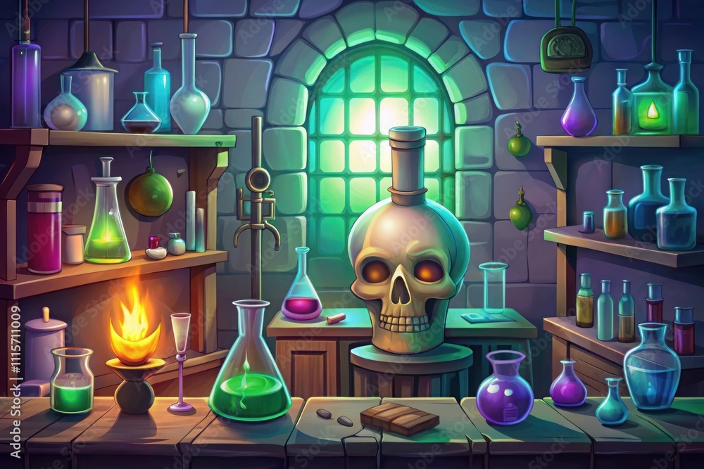 Alchemist table in witch house cartoon background. Old laboratory room ...