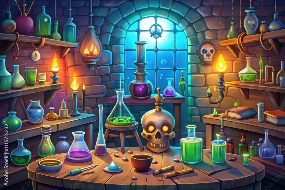 Alchemist workbench cartoon vector scenes. Skulls potions brews vials ...