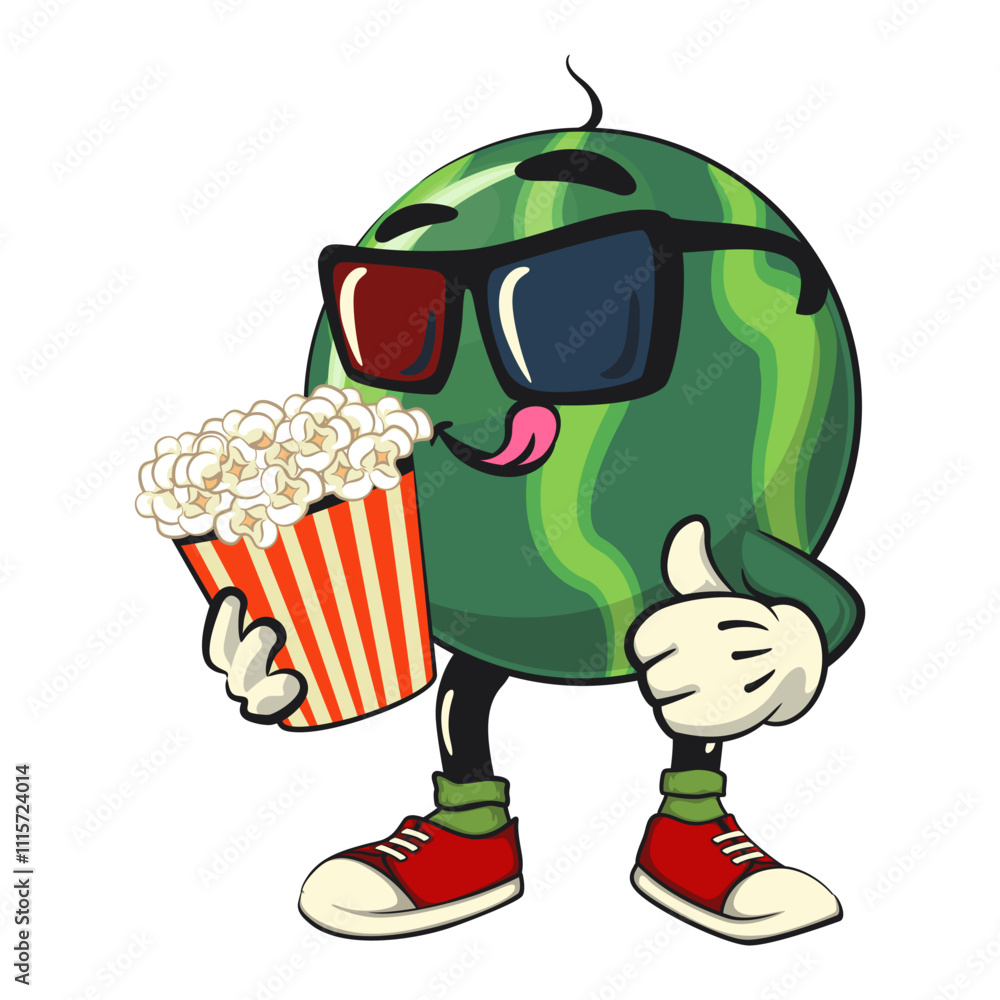 cute watermelon cartoon character with a bucket of popcorn with wearing ...