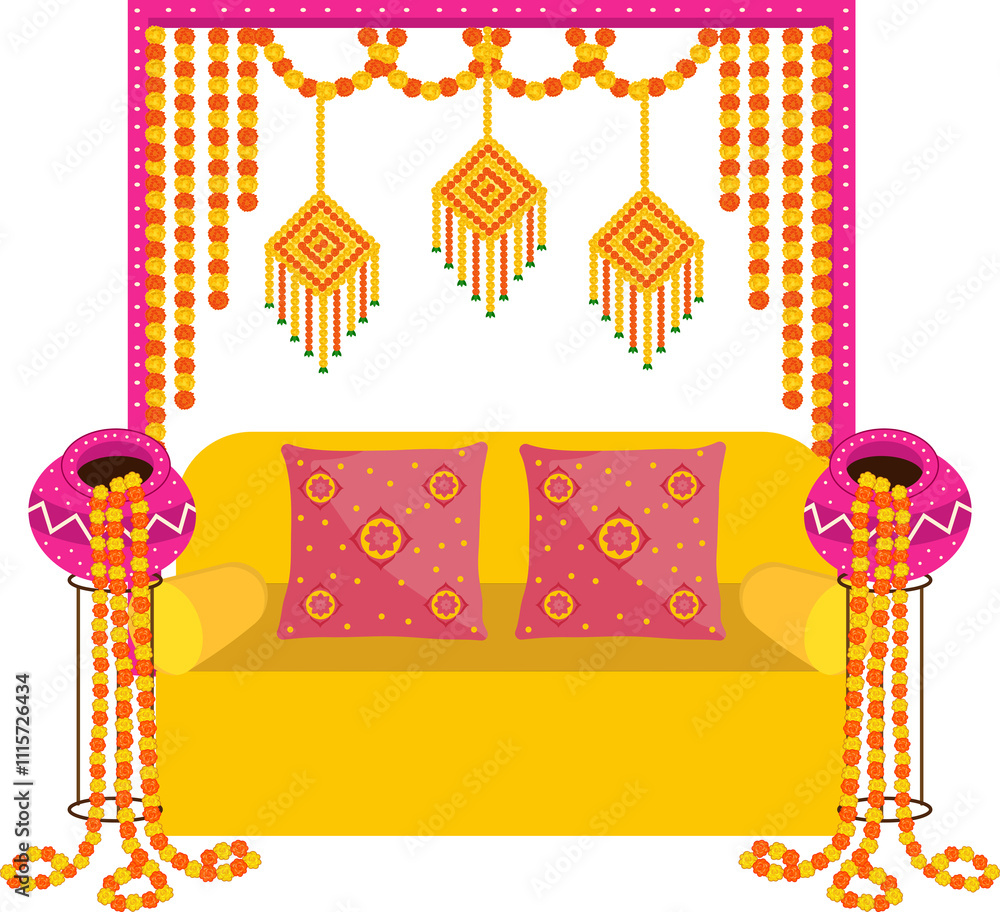 floral backdrop setup with sitting decor for mehendi haldi and sangeet ...