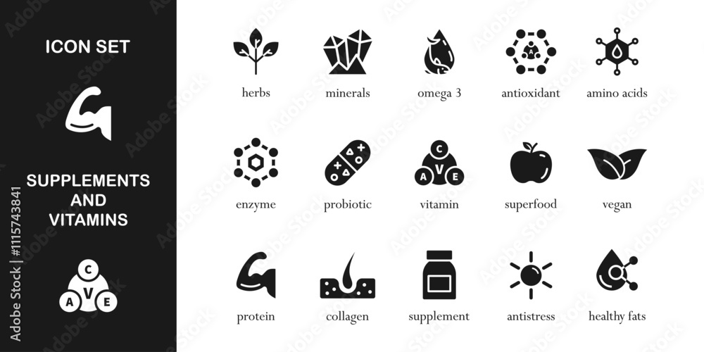 Supplement and vitamin icon set. Nutrition icons. Natural probiotic ...