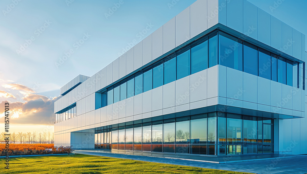 White building with metal panels, a modern two-story office complex ...