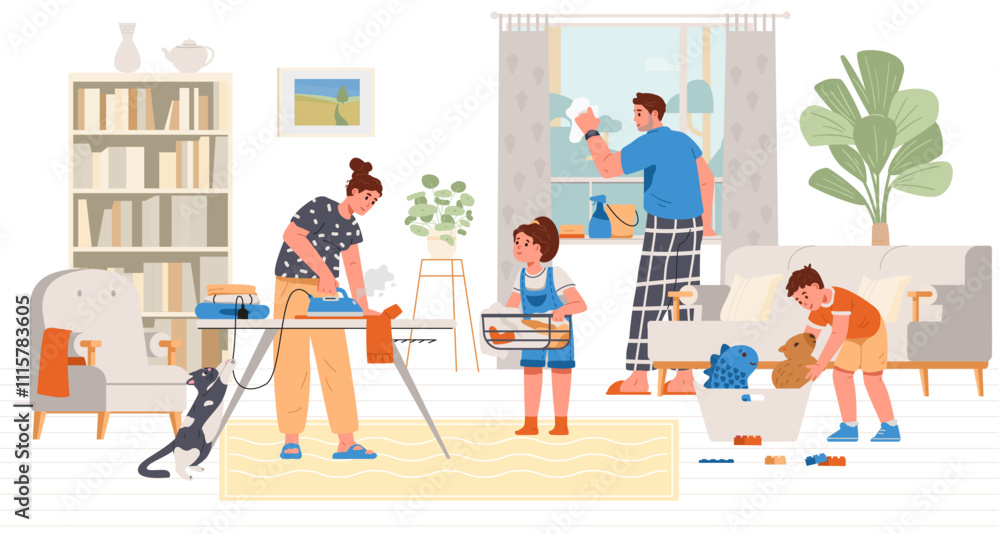 Family with two kids cleaning the living room flat vector illustration ...