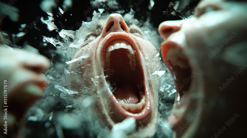 The image shows a face emerging from shattered ice, frozen in a ...