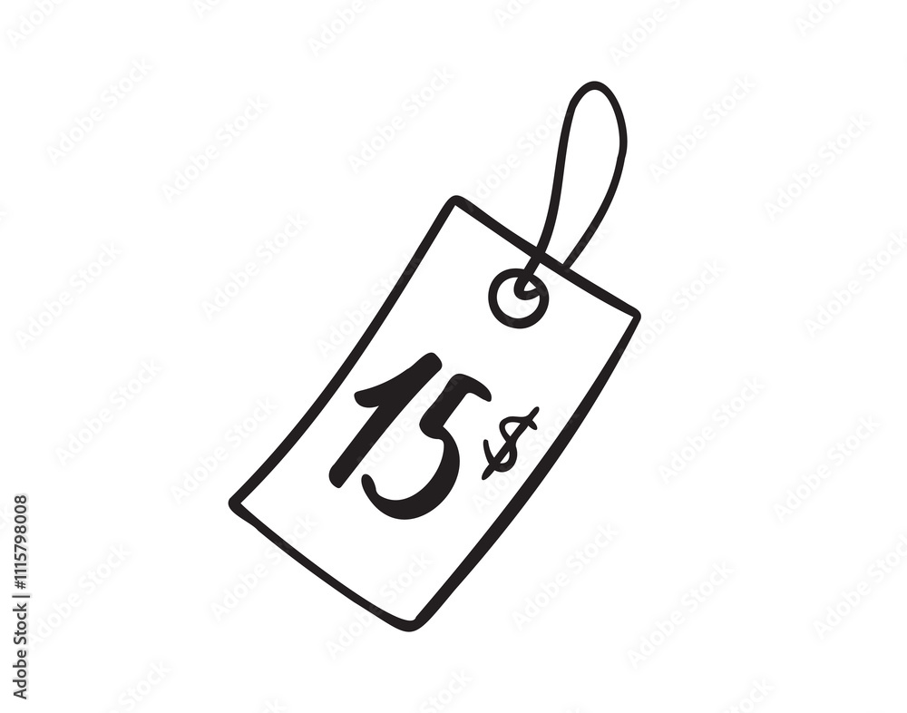 15 dollars price tag doodle hand drawn icon. Outline fifteen dollars ...