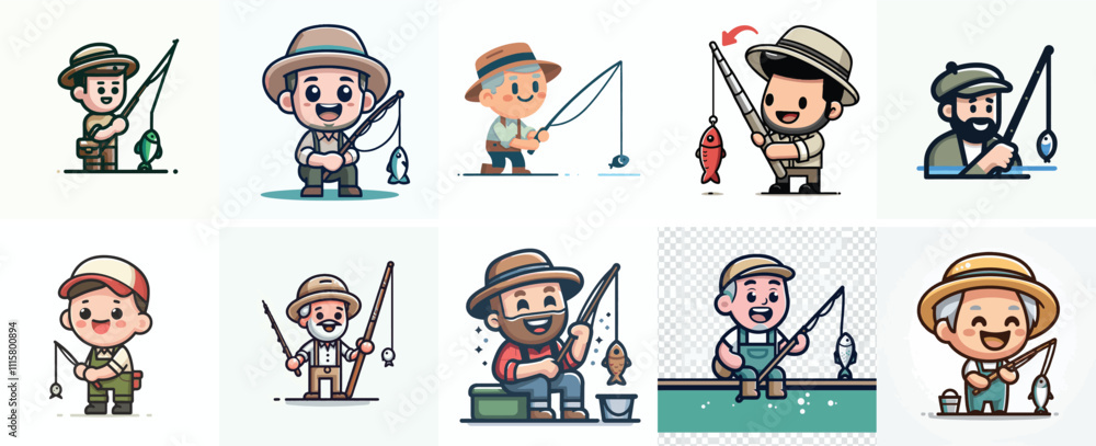 Vector Set of a Fisherman in a Simple Flat Design Style Stock Vector ...