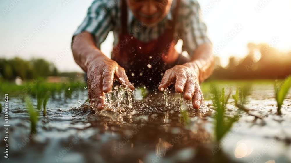 This image depicts a farmer using their hands to tend to crops in a ...