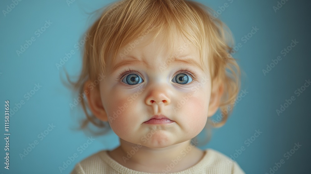Portrait of sad little girl with blue eyes, tear-stained face, pigtails ...