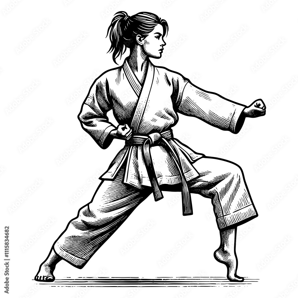 female martial artist sitting in a focused karate pose, wearing a ...