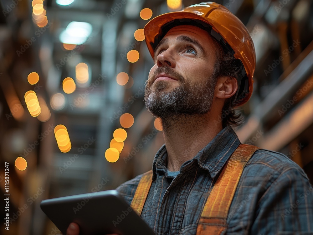 Rugged explorer wearing bright orange jacket with backpack, adventure ...