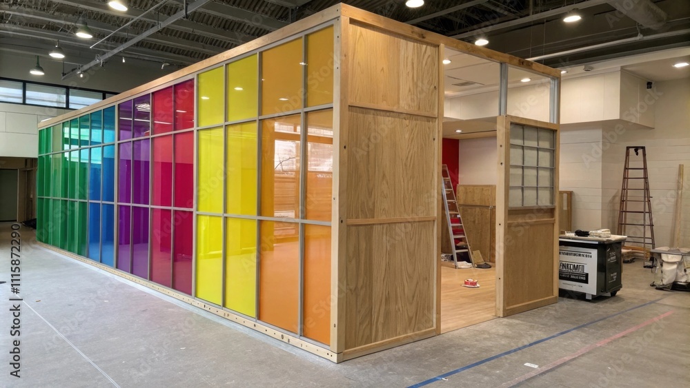 A vibrant colored room divider in process made from colored acrylic ...