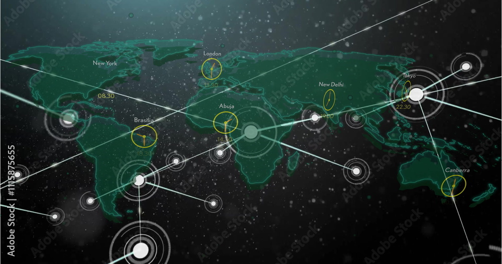 World map with interconnected cities and time zones, global network ...