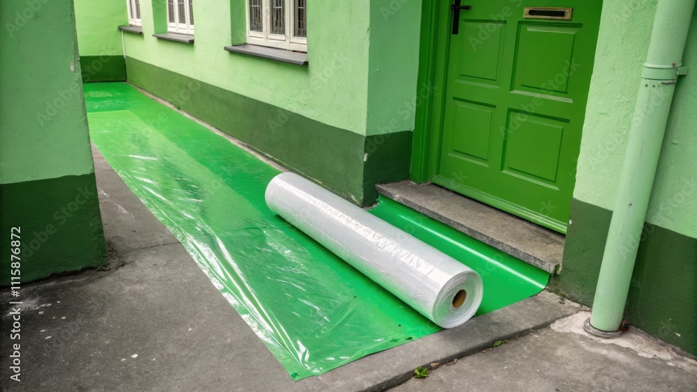 A small entryway where vibrant green paint is recently applied to the ...