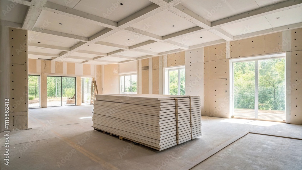 An airy room with pale unfinished walls showcasing a large stack of ...